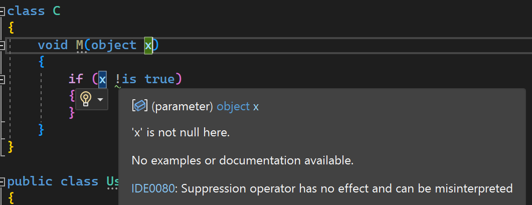 Didn't throw warning for the suppression operator · Issue #45420 · dotnet/roslyn · GitHub