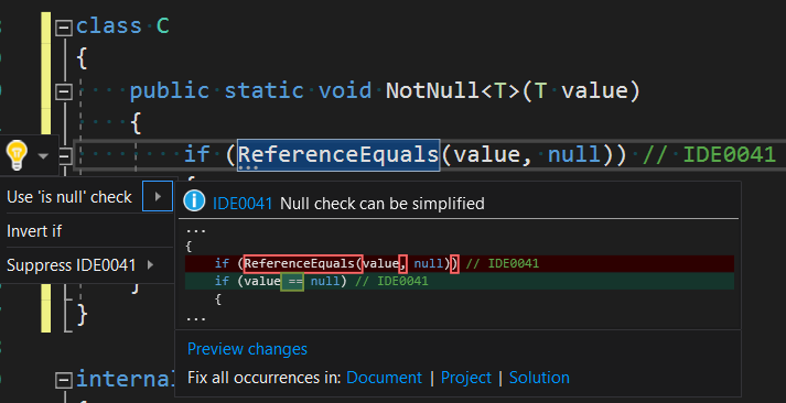 Ide0041 Null Check Can Be Simplified Codefix Cannot Be Applied · Issue 30644 · Dotnetroslyn 