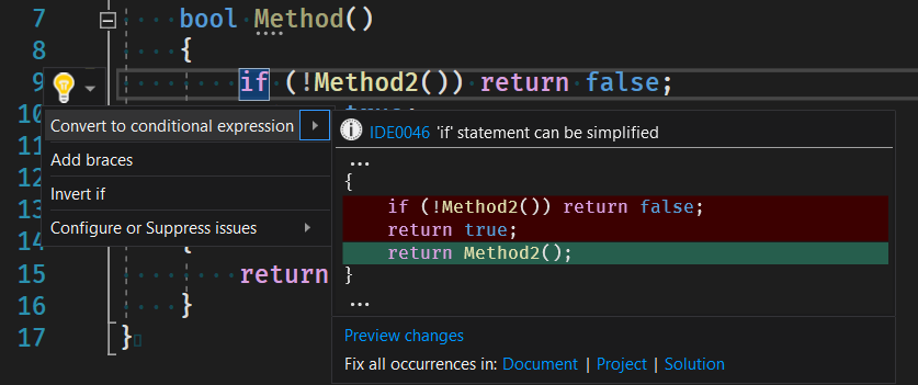 Code fix "if statement can be simplified" doesn't optimise bool · Issue #29880 · dotnet/roslyn ...