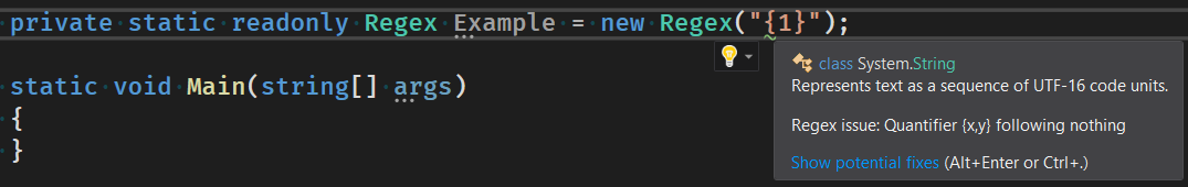 Regex "{}" triggers an error in highlighting · Issue #41425 · dotnet/roslyn · GitHub
