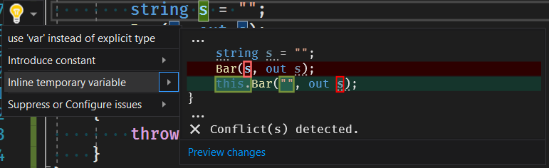 Incorrect suggestion from code helper (Inline temporary variable) · Issue #39820 · dotnet/roslyn ...