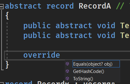 Intellisense does not suggest Equals, GetHashCode, or ToString as suggestions for override on ...