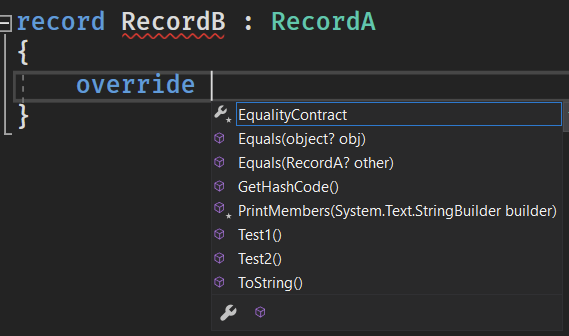 Intellisense does not suggest Equals, GetHashCode, or ToString as suggestions for override on ...