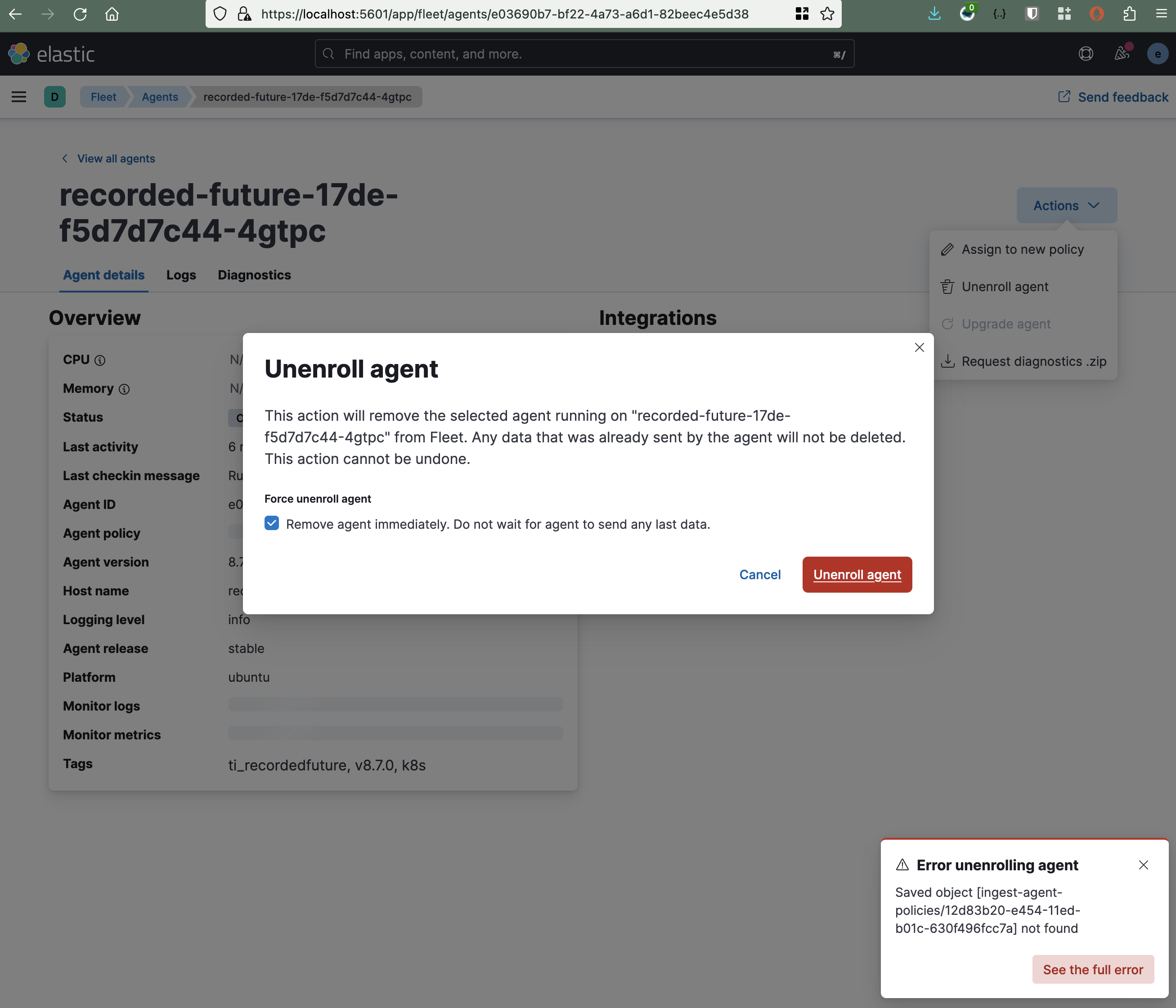 [Fleet] Cannot unenroll offline Agent after deleting agent policy · Issue #155925 · elastic ...