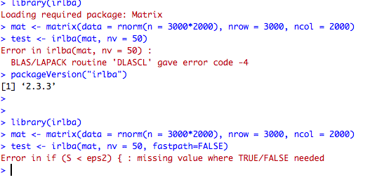 BLAS/LAPACK routine 'DLASCL' gave error code -4 · Issue #14 · bwlewis/irlba · GitHub