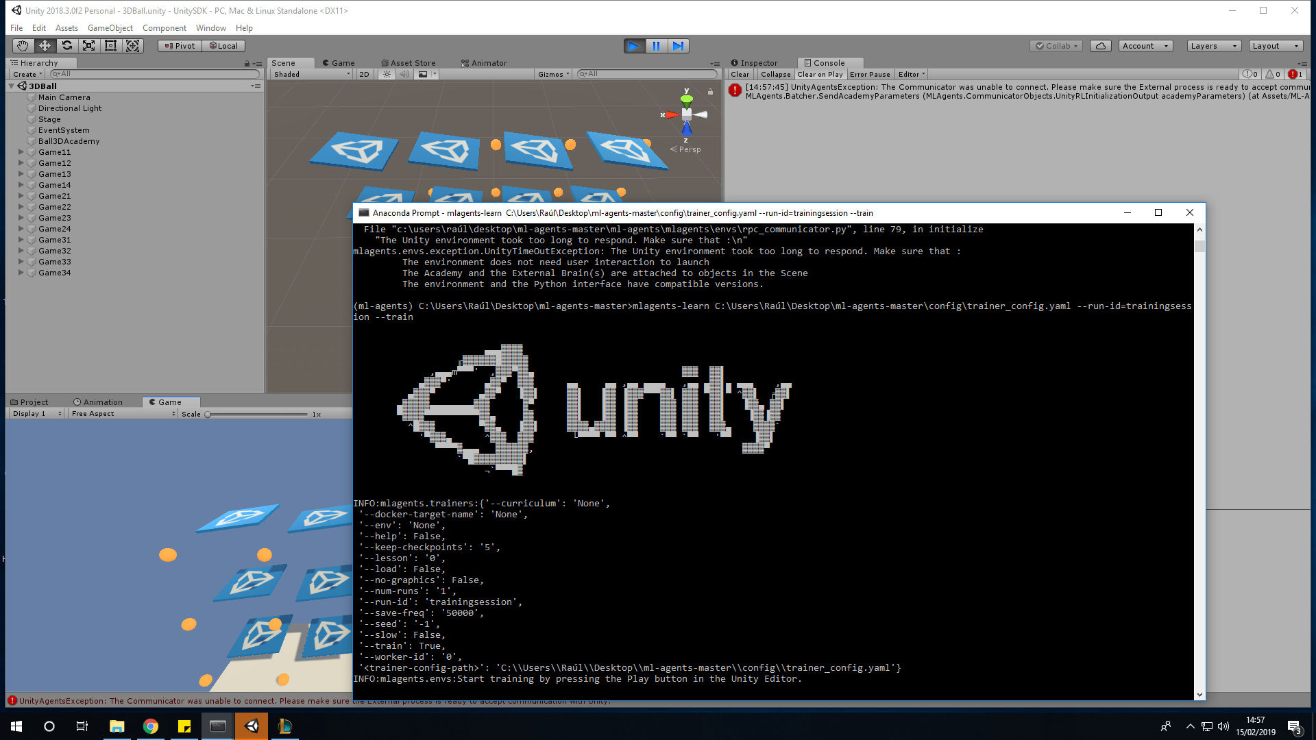 The communicator was unable to connect error in unity and unityenv took too long to respond in ...