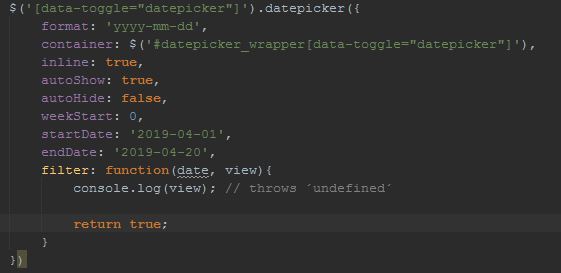 Filter 'view' parameter throw undefined · Issue #209 · fengyuanchen/datepicker · GitHub