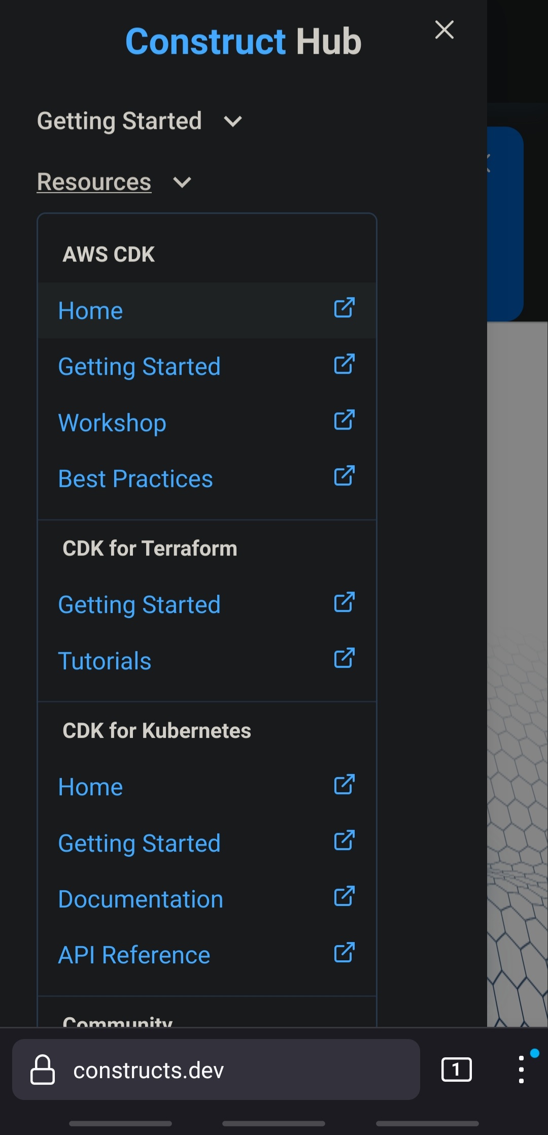 Hamburger items unscrollable/too large for mobile · Issue #482 · cdklabs/construct-hub-webapp ...