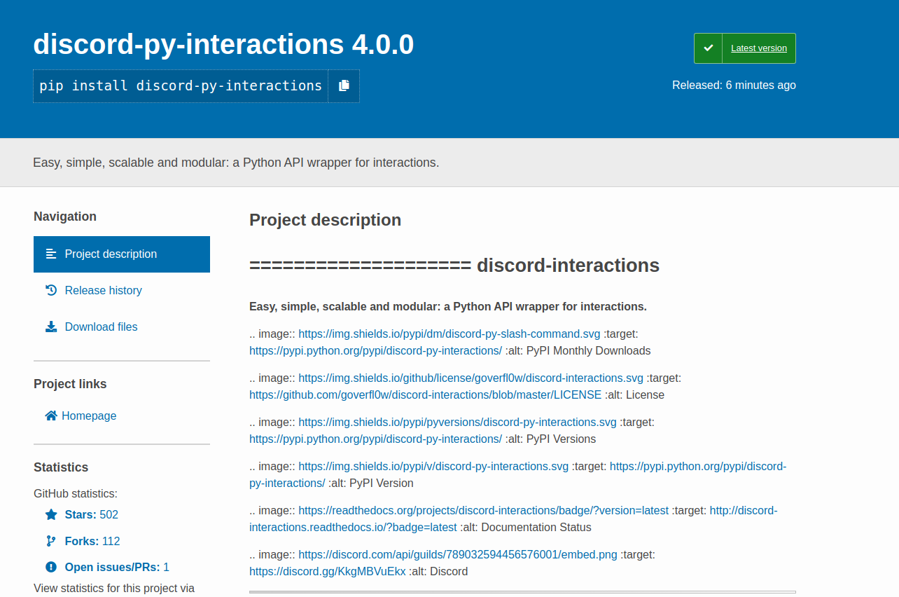 [MISC] Pypi webpage formatting/embedding. · Issue #379 · interactions-py/interactions.py · GitHub