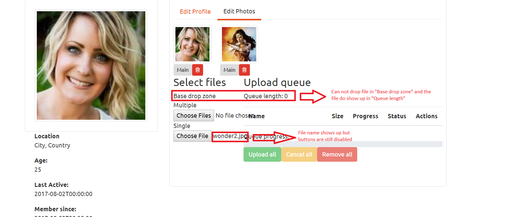 I am dropping file and using button to upload file but no event fires and the buttons "Upload ...