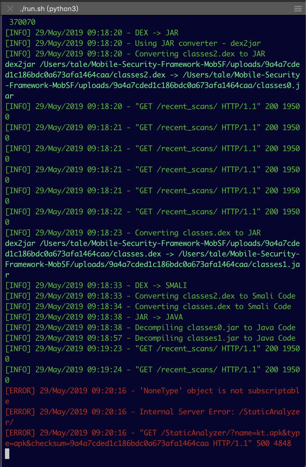 Static analysis using MobSF giving error · Issue #637 · MobSF/Mobile-Security-Framework-MobSF ...