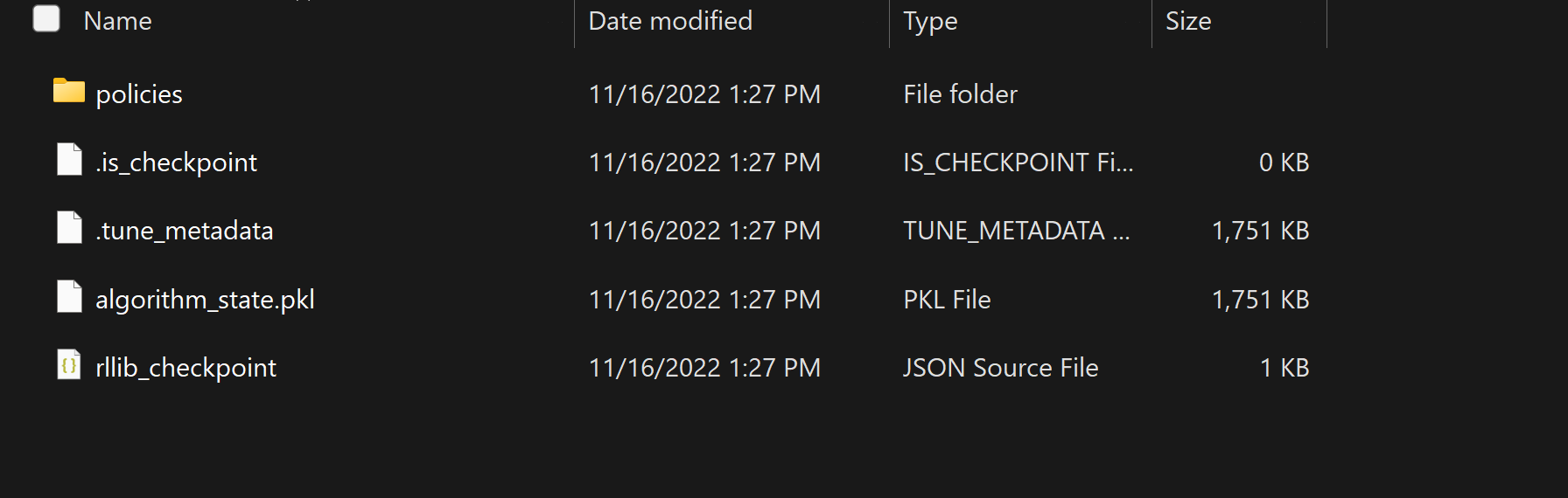 Couldn't see the checkpoint files from Ray rllib 2.1.0 · Issue #30401 · ray-project/ray · GitHub