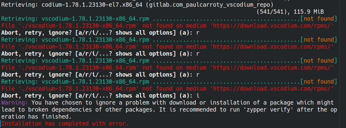 File './vscodium-1.78.1.23130-x86_64.rpm' not found on medium 'https://download.vscodium.com ...