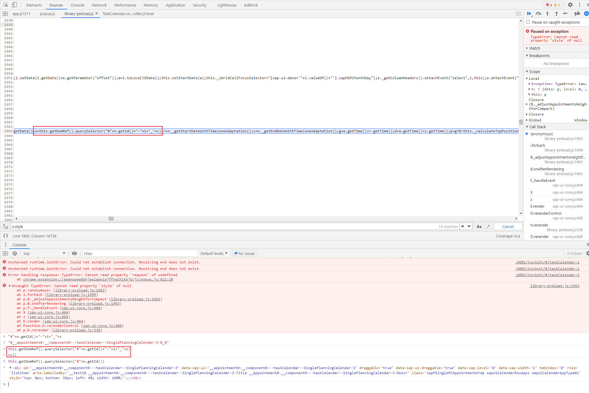 Sap/m/SinglePlanningCalendarGrid is trying to get the appointment by the querySelector, which ...