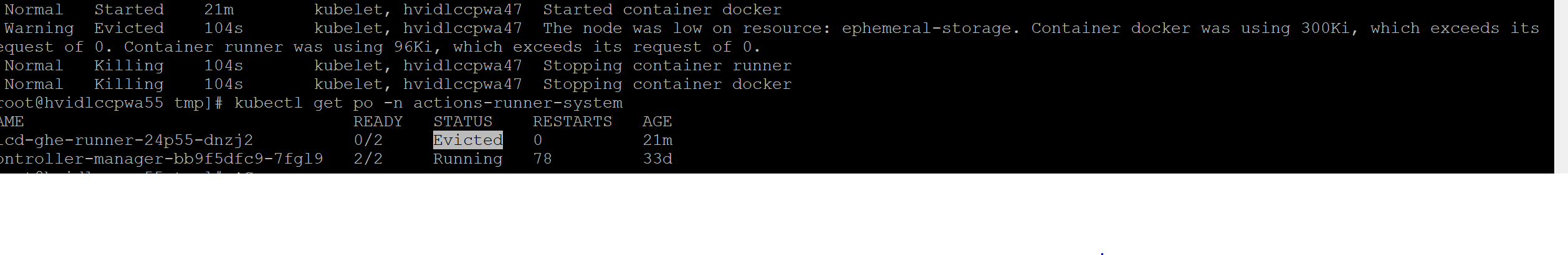 Issue seeing with the runner , runner goes in to evicted state and logs are not accessible on ...