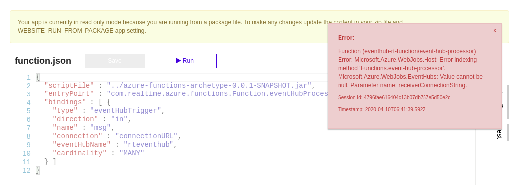 Unable to run Azure function in Java - Microsoft.Azure.WebJobs.EventHubs: Value cannot be null ...