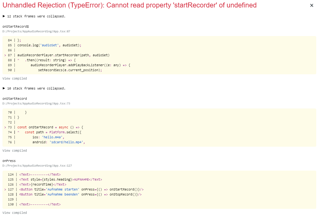 Unhandled Rejection (TypeError): Cannot read property 'startRecorder ...
