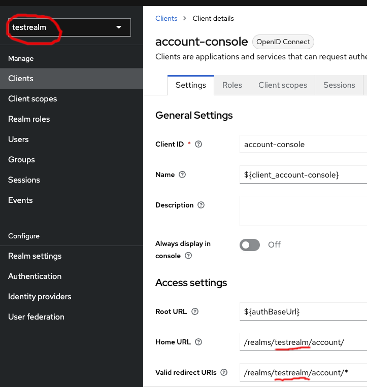 Changing realm id will not update relative URLs in `account-console` client · Issue #17010 ...