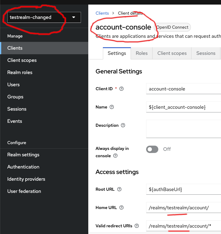 Changing realm id will not update relative URLs in `account-console` client · Issue #17010 ...