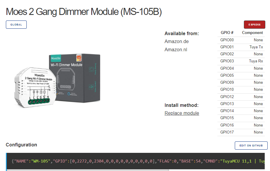 ESPHOME configuration profile yaml for MOES WiFi 2 Gang Dimmer Switch Module 105b - WB2S ...