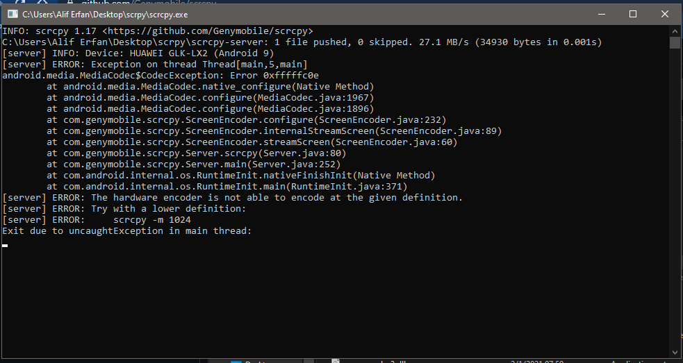 ERROR: Exception on thread Thread on Huawei devices · Issue #2076 · Genymobile/scrcpy · GitHub