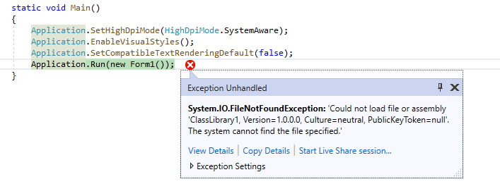 An exception occurred when using Class library project in Winforms Core ...