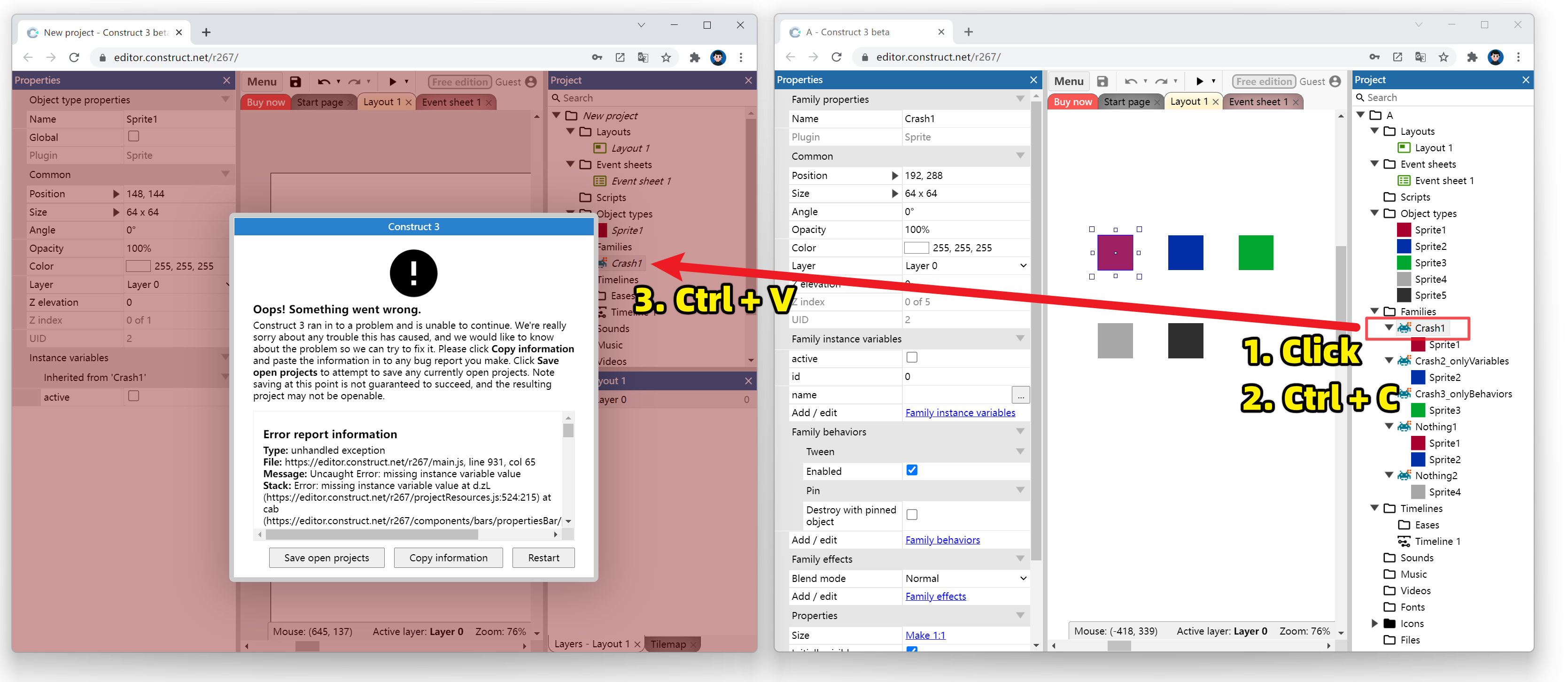 Copy Sprite and then Copy Family Crashes · Issue #5117 · Scirra/Construct-bugs · GitHub