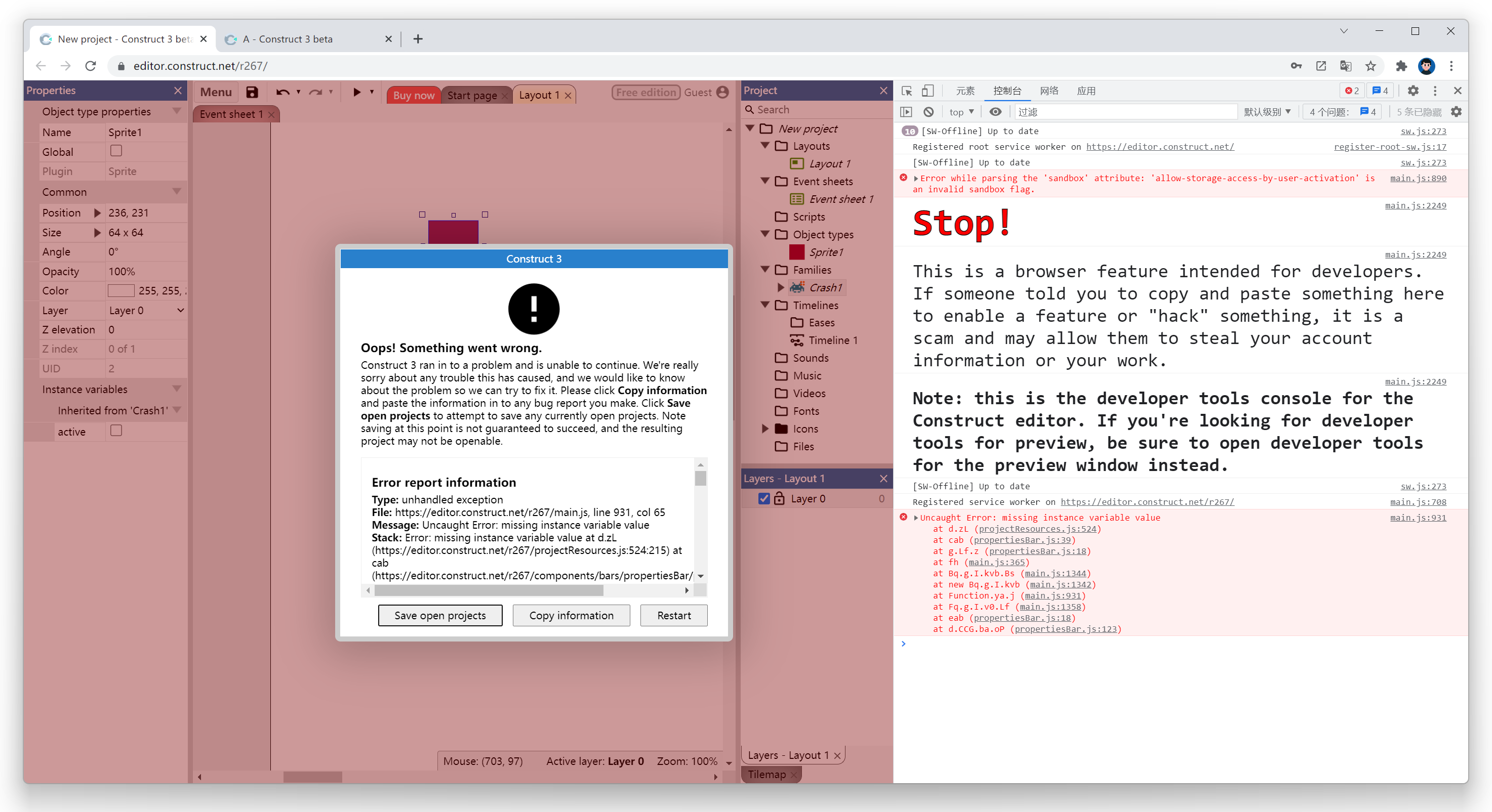 Copy Sprite and then Copy Family Crashes · Issue #5117 · Scirra/Construct-bugs · GitHub