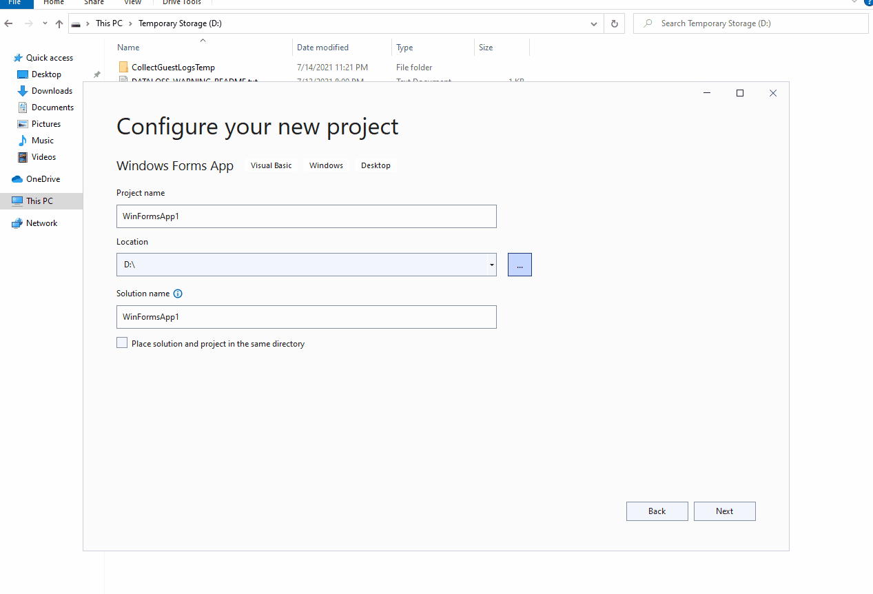 The target framework for Winforms VB .Net Core app is displayed '.Net 5 ...