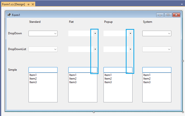 The dropdown button is no visible in ComboBox control when set FlatStyle property to Flat or ...