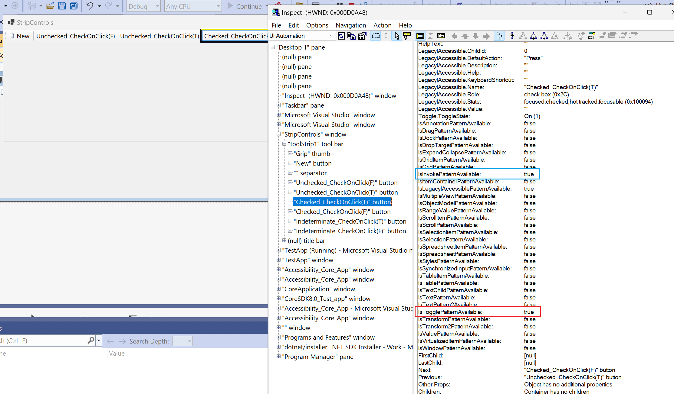 AccessibilityInsight: A button must not support both the Invoke and Toggle patterns in sub ...