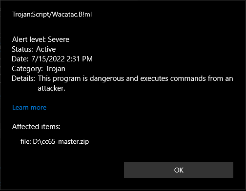 Microsoft Defender Antivirus Found Threats In Cc65 Masterzip · Issue 1795 · Cc65cc65 · Github 