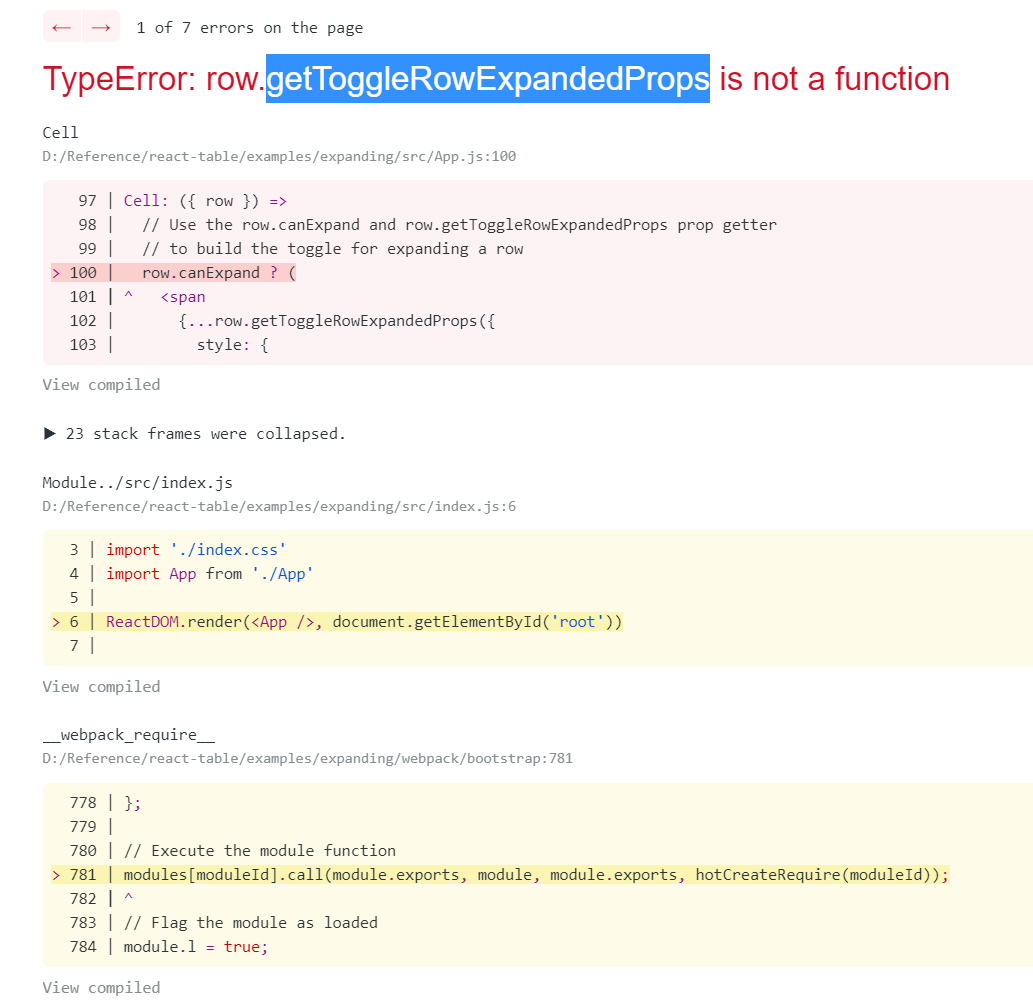 Expand example does not run: `getToggleAllRowsExpandedProps is not a function` · Issue #2878 ...