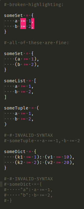 [Python] Broken highlighting of assignment expessions (:=) inside set literal · Issue #3295 ...