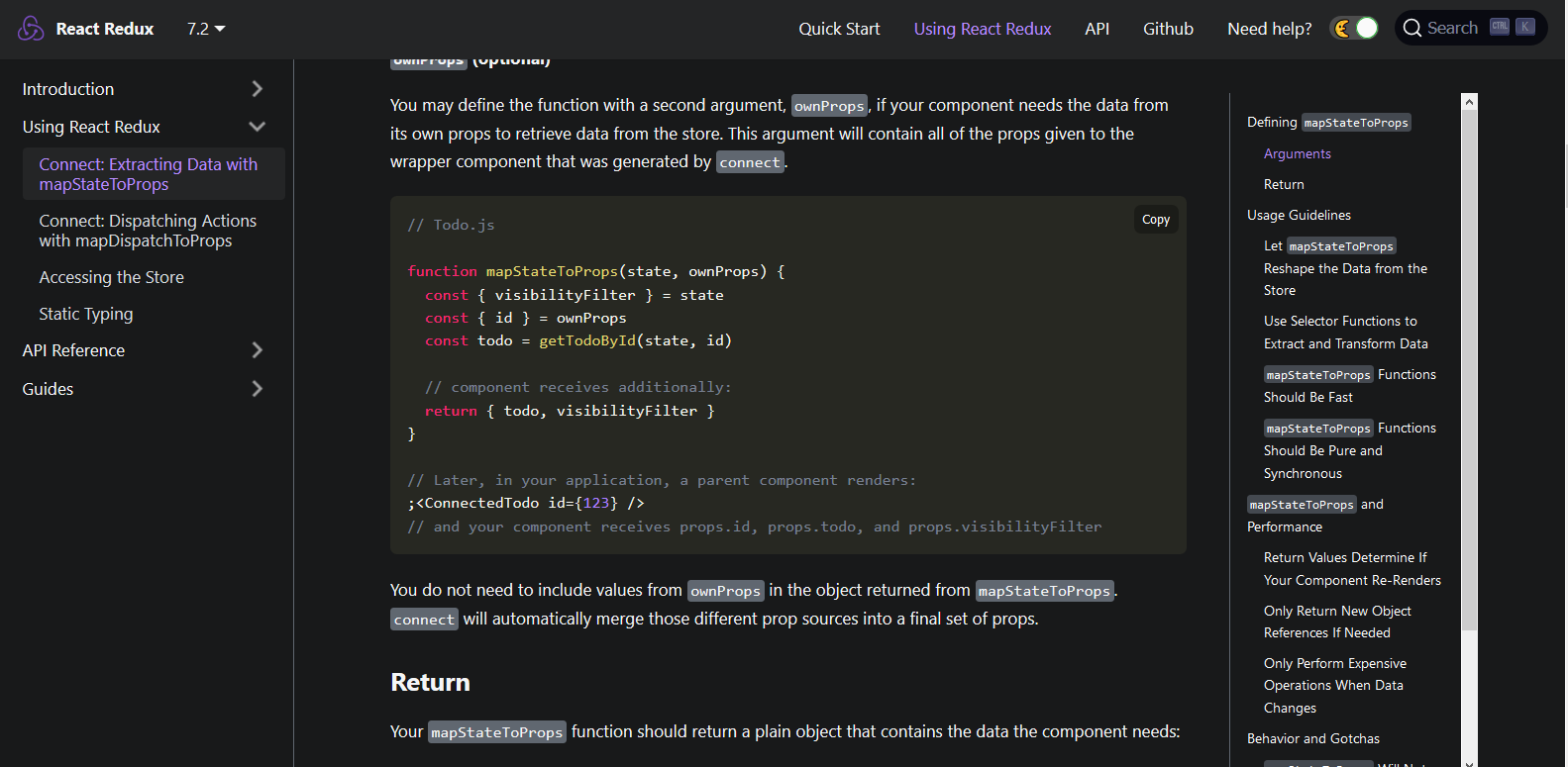Doc : Update ownProps example by harshilparmar · Pull Request #1655 · reduxjs/react-redux · GitHub