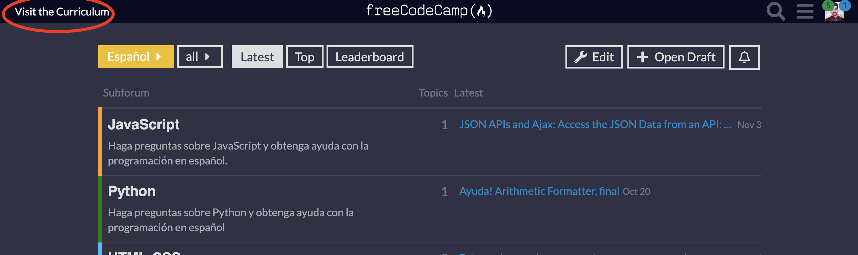 forum's curriculum nav item should link to relevant language of the ...