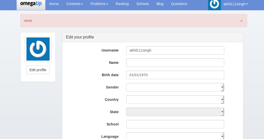 When i click on edit profile,error message is displayed at the top ...