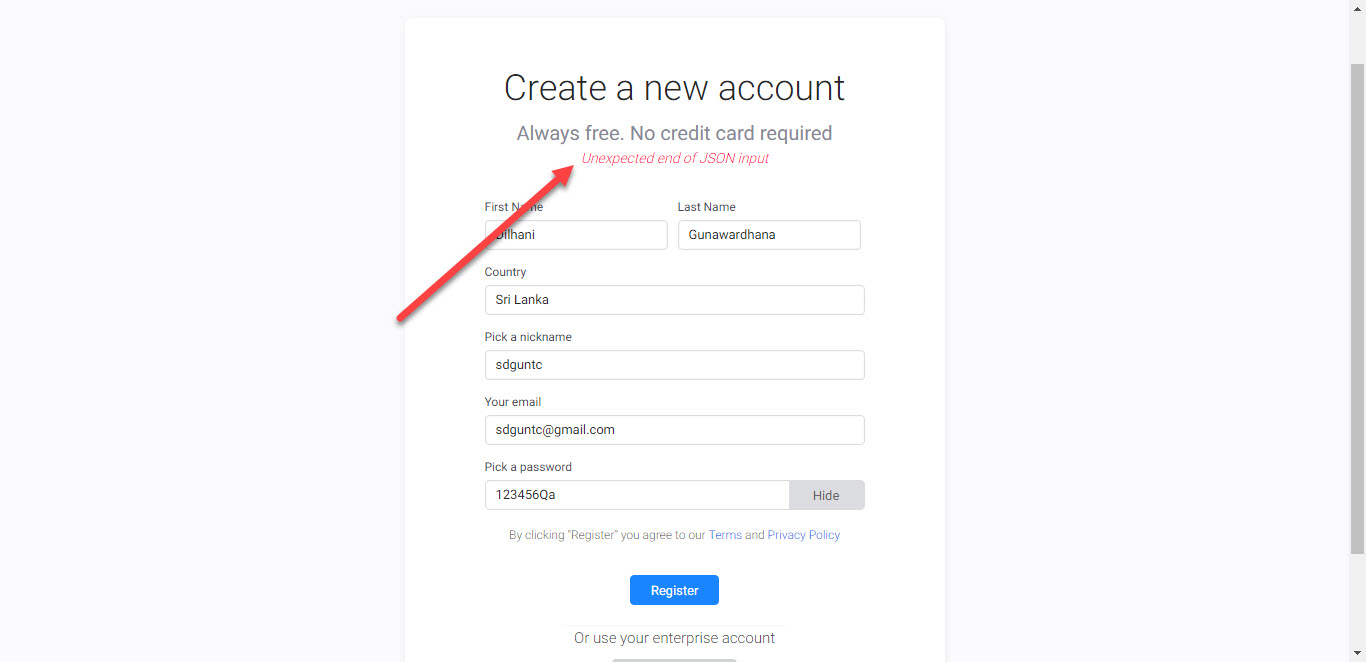 Can't create a new account "Unexpected end of JSON input" error displayed · Issue #980 · appirio ...