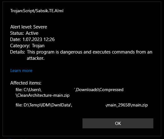 ZIP archive download is blocked by Windows Defender stating that file ...