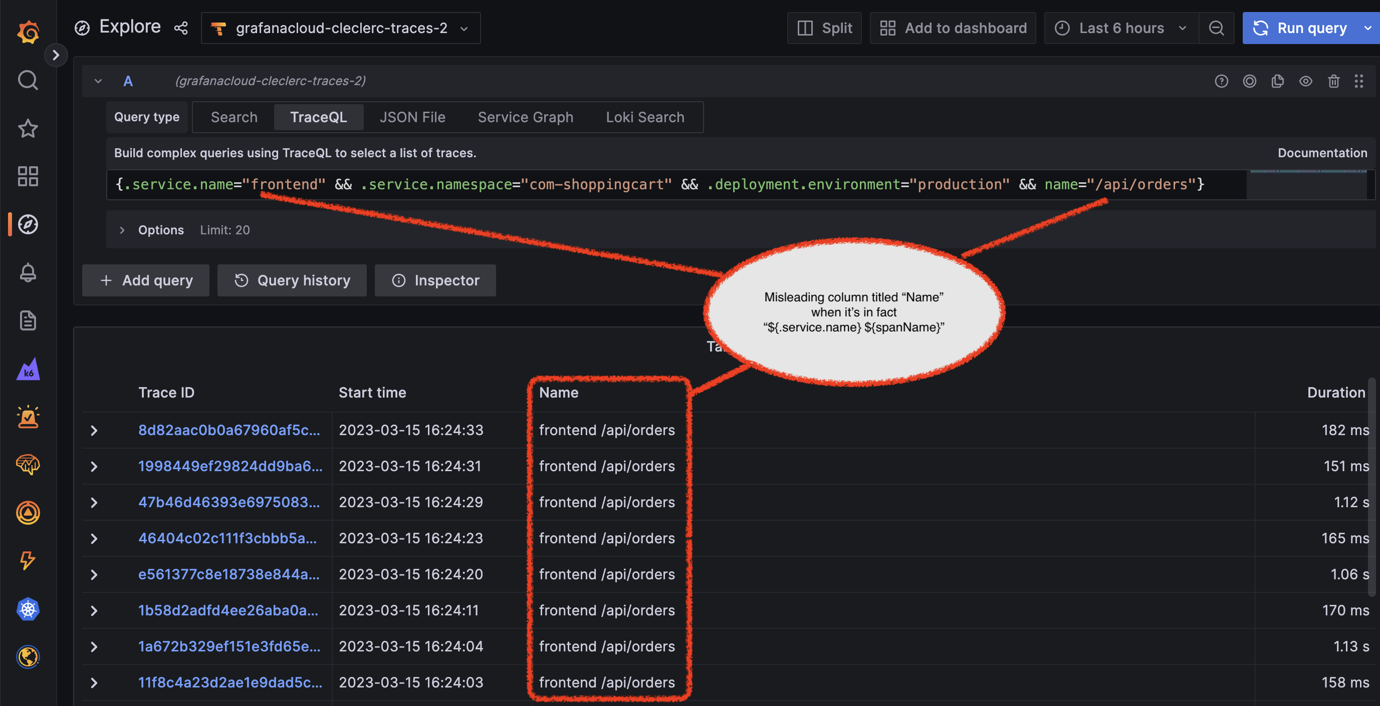 Grafana Trace View Search Results Misleading Column Titled `name` When Containing 