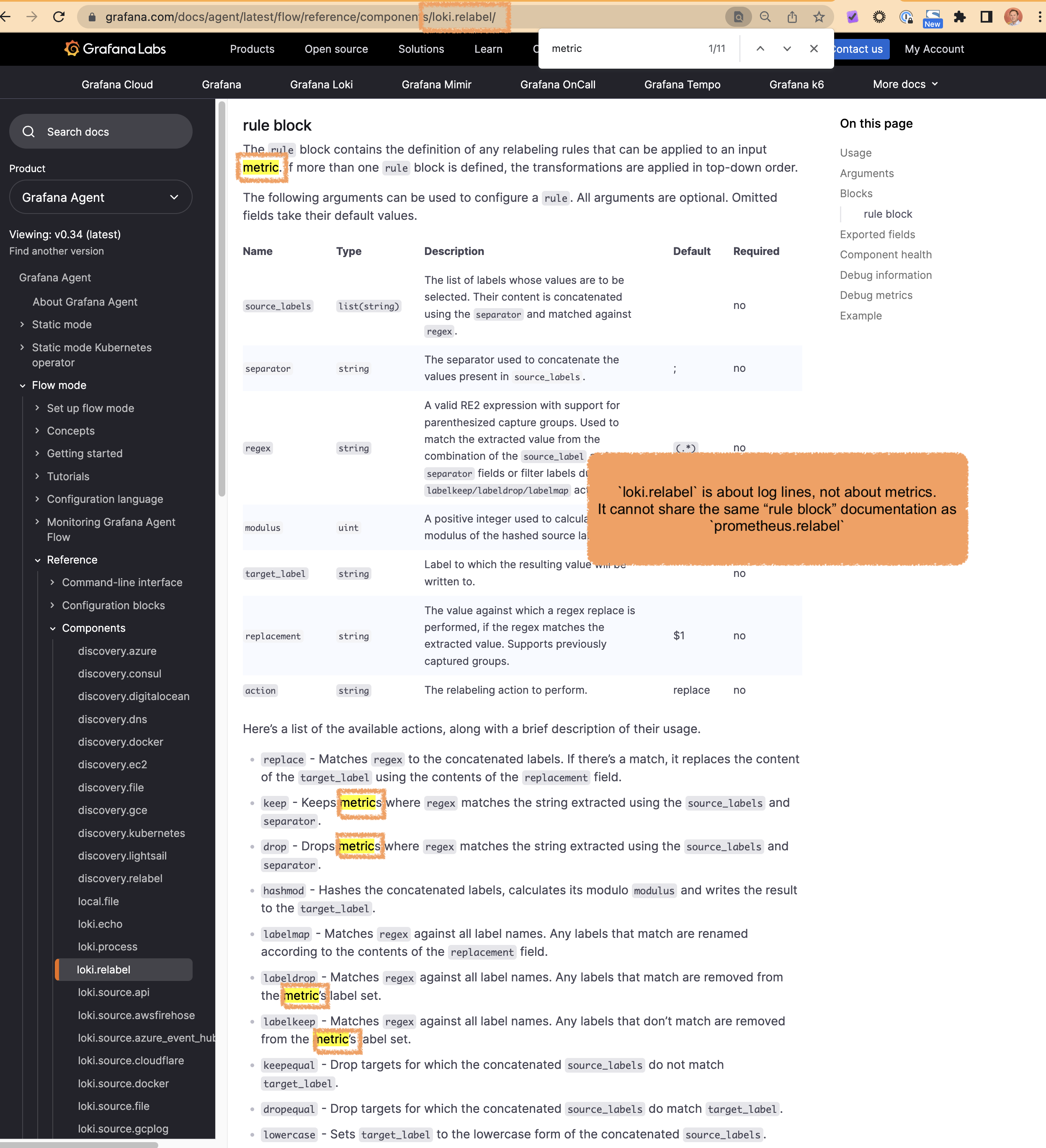[Flow Documentation] `loki.relabel` docs refers to metric rules rather than log lines rules ...