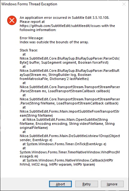 Error Message: Index was outside the bounds of the array · Issue #3765 · SubtitleEdit ...