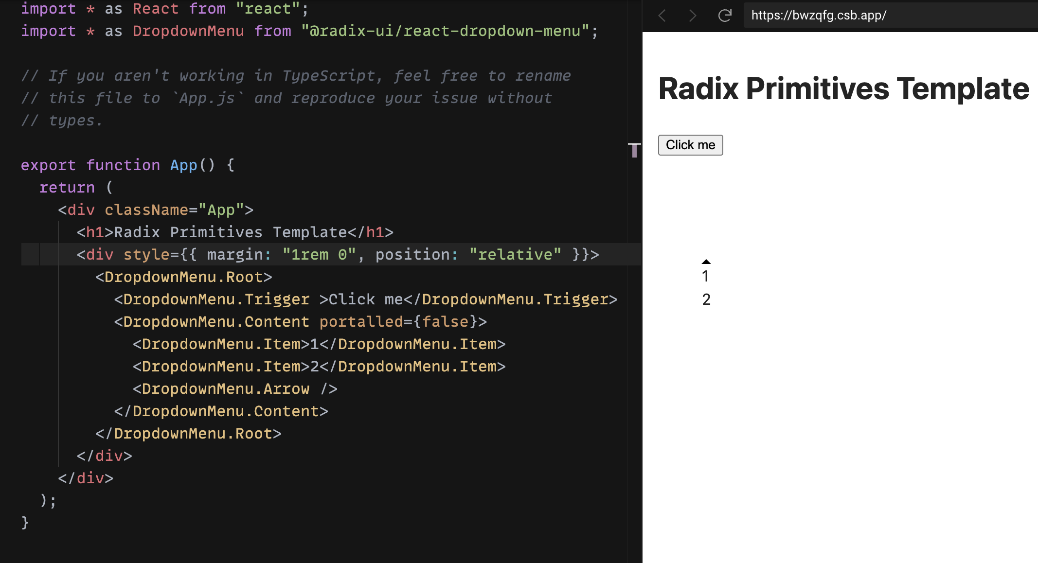 DropdownMenu - Non-portalled positioning broken when parent is position relative · Issue #1365 ...