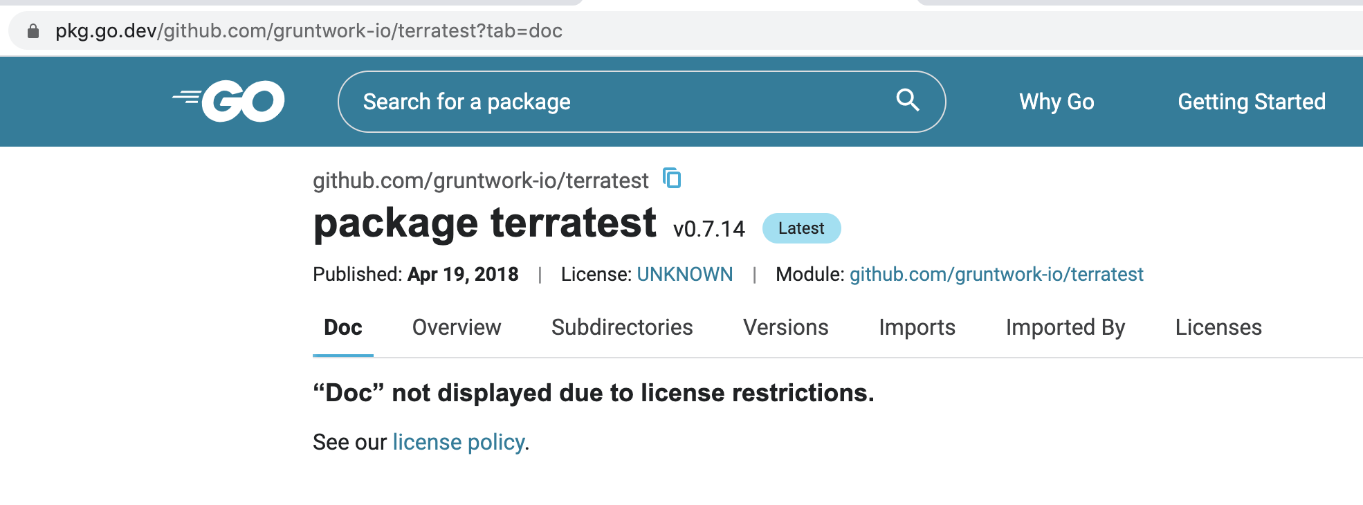 Godocs Don T Display On Pkg Go Dev Due To License Policy · Issue 533 · Gruntwork Io Terratest
