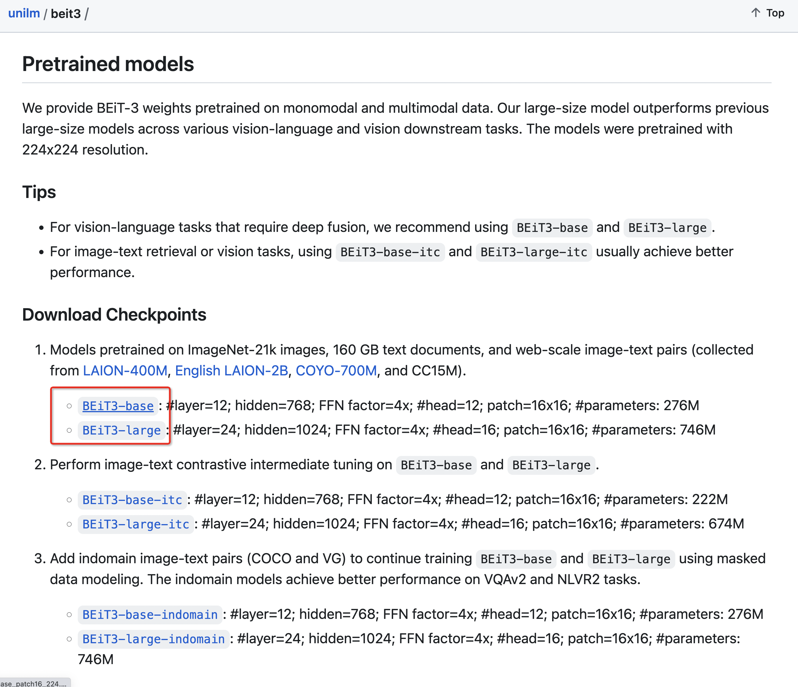 [BEIT v3] could not find "beit3_base_patch16_224.pth" file · Issue #1278 · microsoft/unilm · GitHub