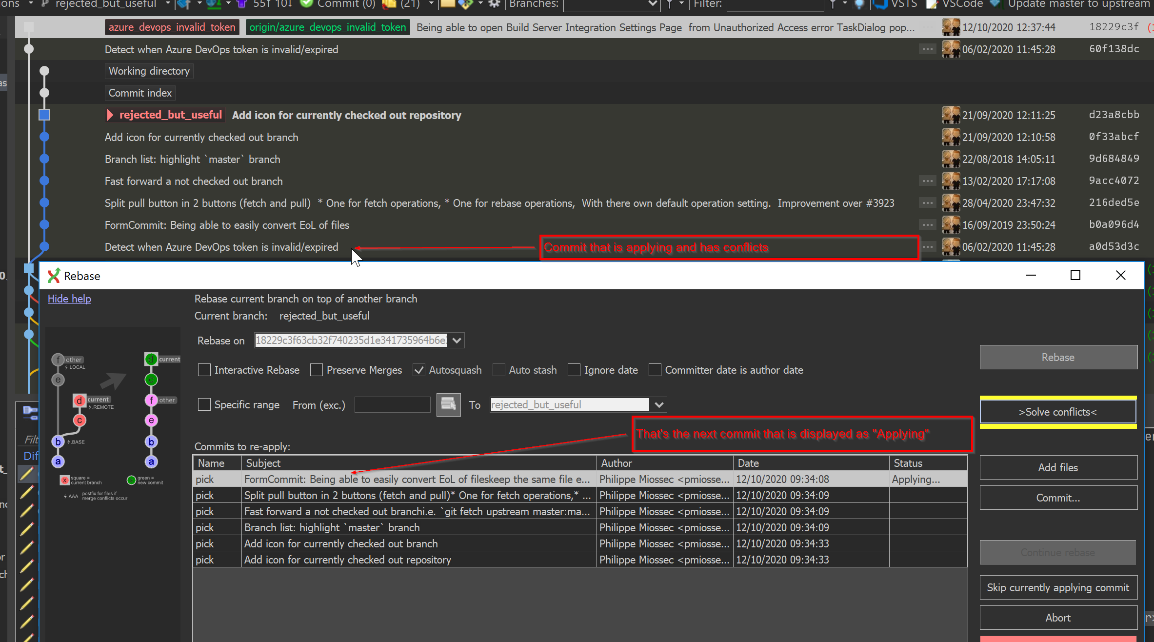 Wrong commit displayed as "Applying..." when there is a conflict · Issue #8540 · gitextensions ...