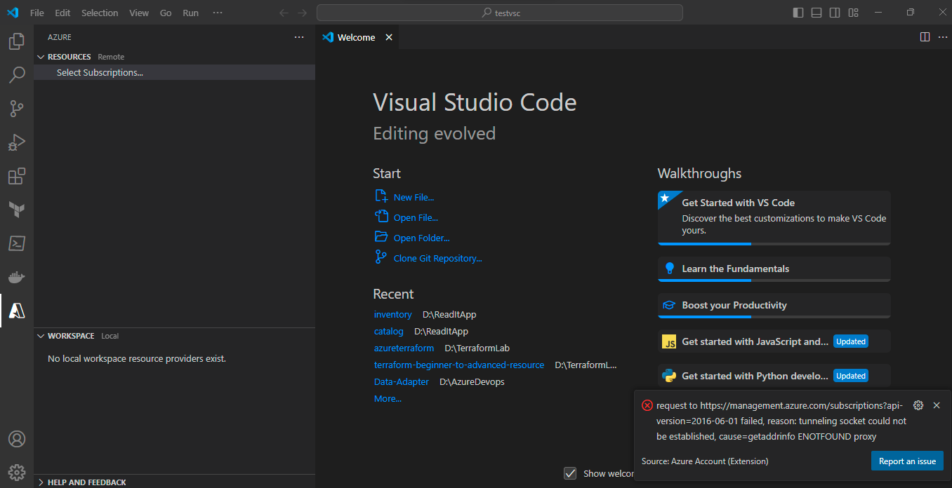 Unable to connect to Azure account from VSC. Getting below error. · Issue #751 · microsoft ...