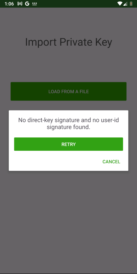 Error: No direct-key signature and no user-id signature found when importing a private key ...