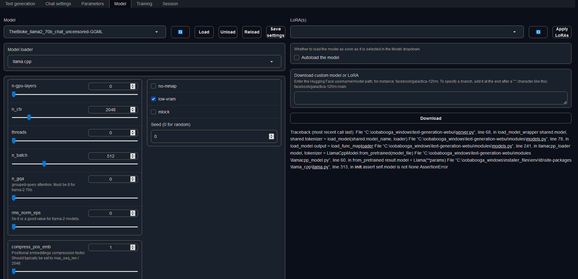 Trying to load 70b llama2 GGML :: Init Assert Self.Model is not None AssetionError · Issue #3454 ...