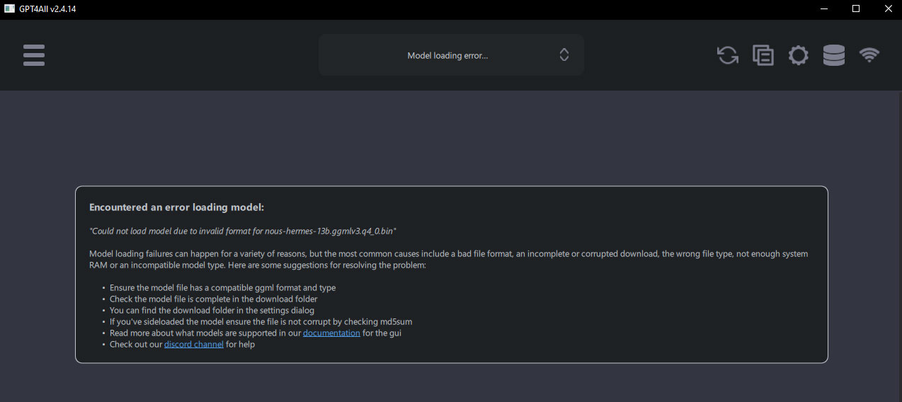 Downloaded fresh copy of GPT4ALL, Downloaded a fresh copy of Nouse Hermes from GPT4ALL. Error ...